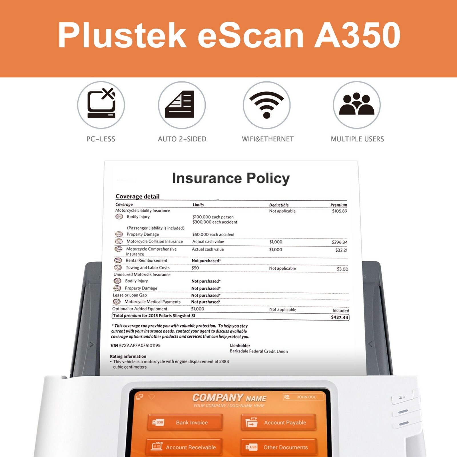Plustek eScan A350 Enterprise High-Speed Network Document Scanner ...