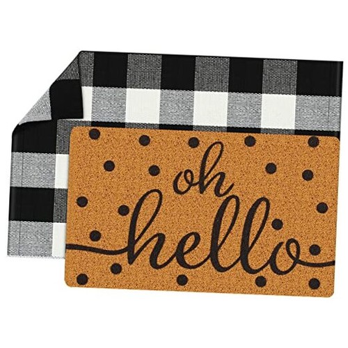 2 Piece Coco Coir Outdoor Rug Oh Hello Door Mat Buffalo Plaid Welcome ...