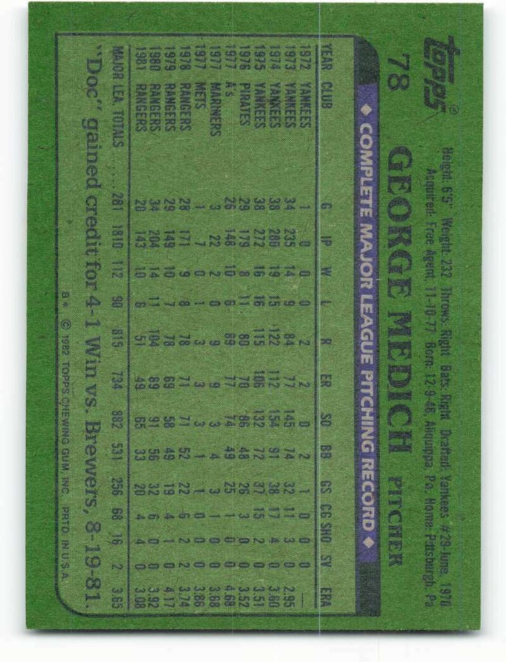 1982 Topps #78 Doc Medich NM++ Rangers | eBay