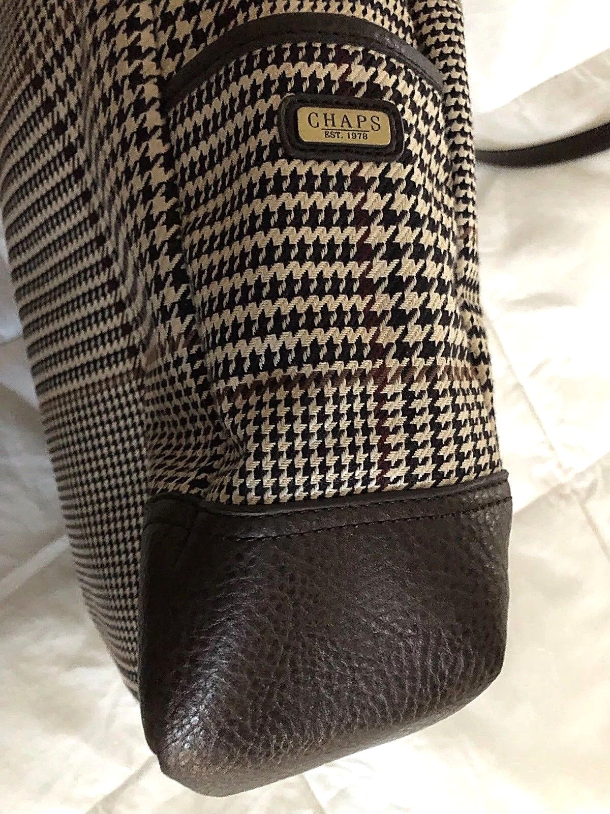 Chaps Ralph Lauren~ Leather & Houndstooth Lg Tote Purse Handbag Brown ...
