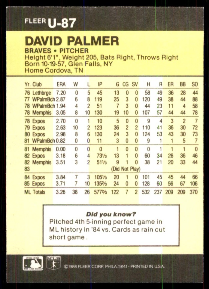 1986 Fleer Update David Palmer Baseball Cards #U-87 | eBay