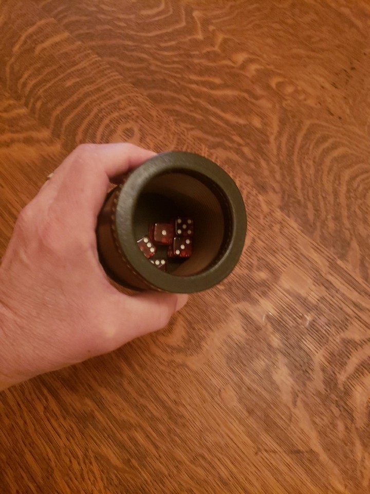 Vintage Brown Leather Bar Dice Cup Stitched Ribbed Interior With 5 Red ...