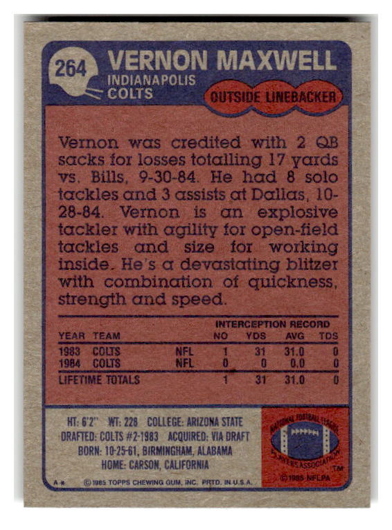 1985 Topps #264 Vernon Maxwell Indianapolis Colts Excellent | eBay