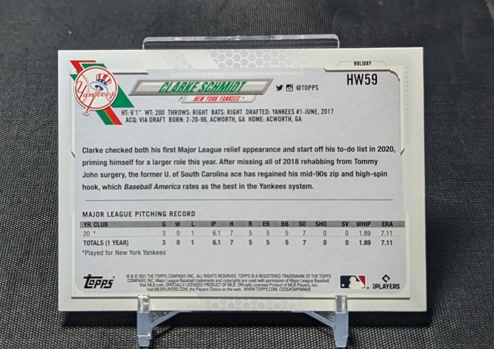 Clarke Schmidt Rookie RC 2021 Topps Holiday Baseball Card #HW59 New ...