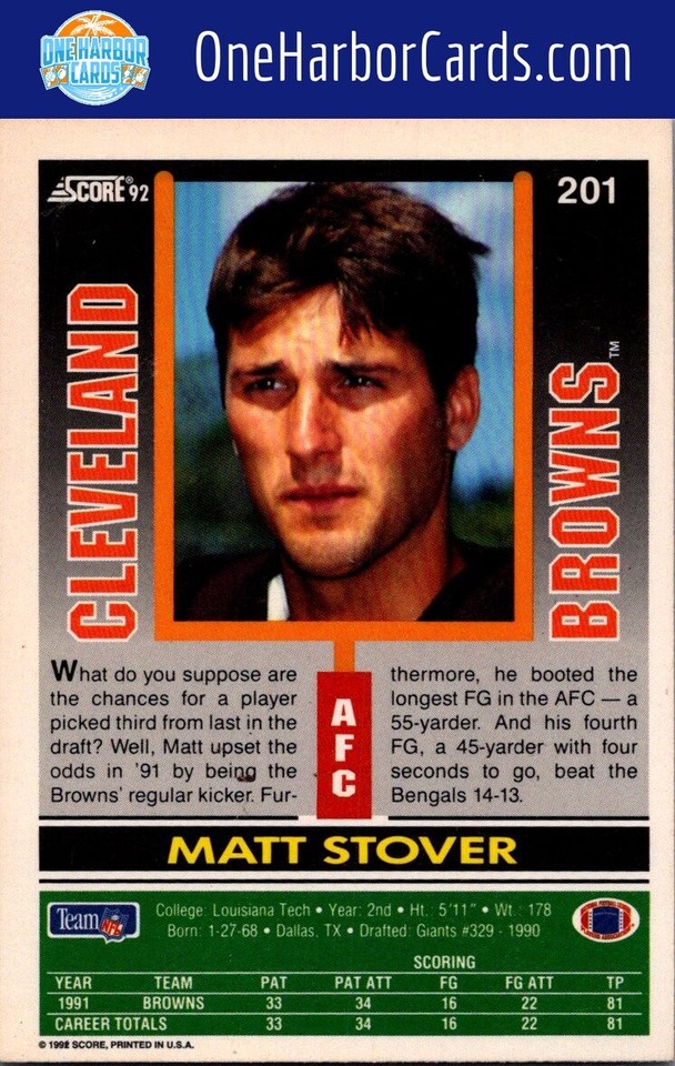 1992 Score Cleveland Browns #201 Matt Stover | eBay