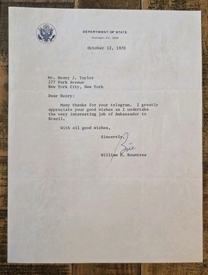 Signed Letter by William Rountree on Dept. of State Letterhead - 1970 ...