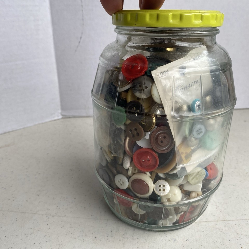 Vintage Pickle Barrel Jar Full Of Buttons Sewing Lot Claussen Jar Snaps ...