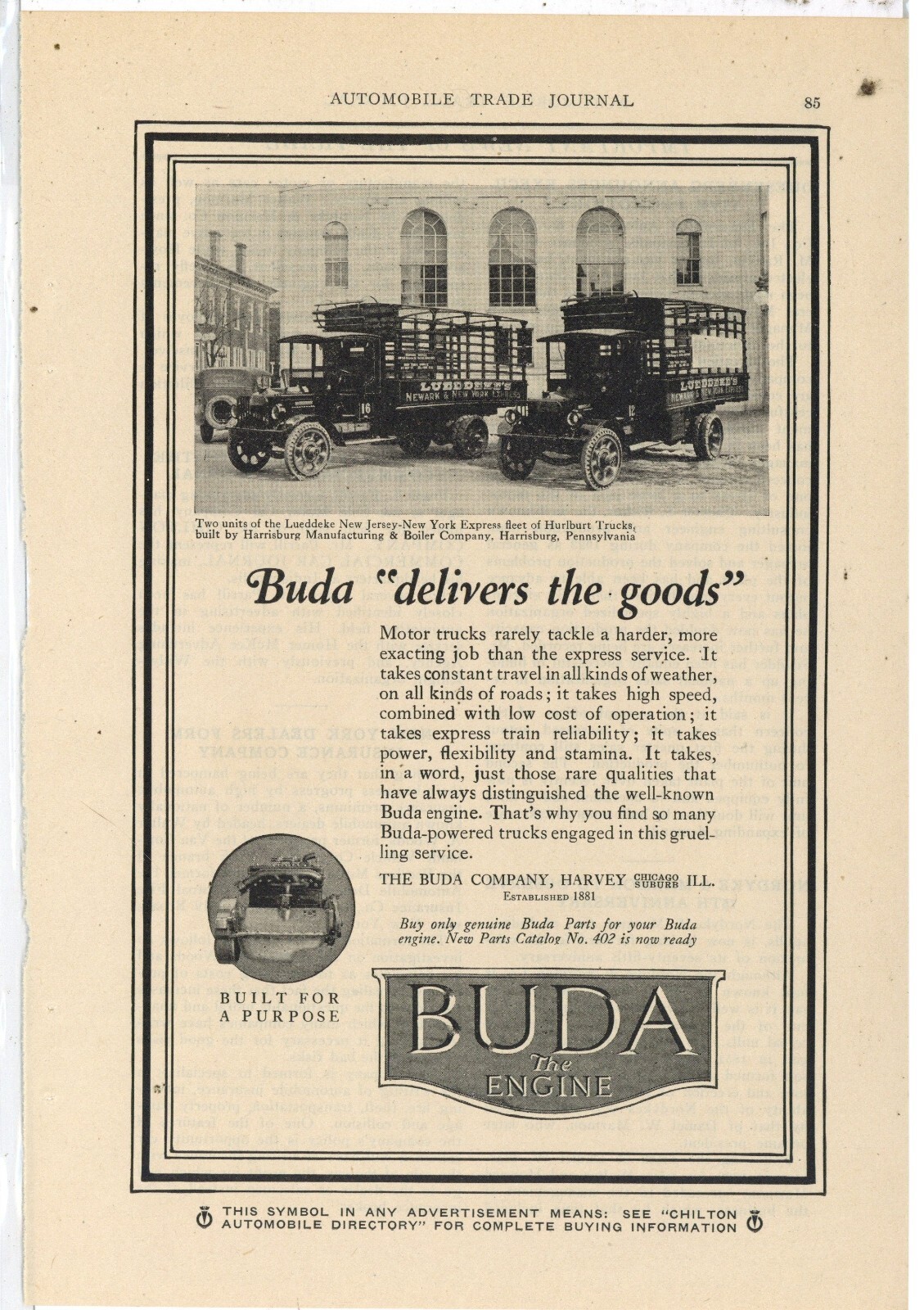 1923 Buda Engine Ad: Lueddeke Newark-New York Express Fleet, Hurlburt ...