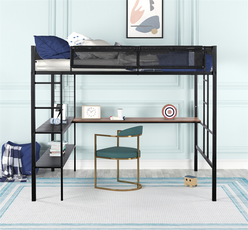 Metal Loft Bed with Desk Table and Storage Shelves Full Size Loft Bunk ...