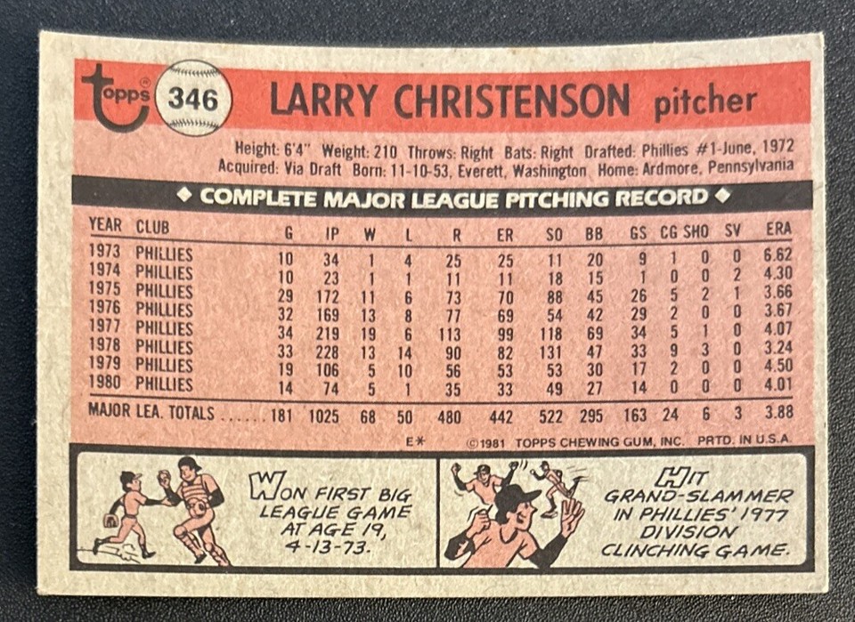 1981 Topps Larry Christenson Baseball Card #346 Phillies Pitcher Fair O ...