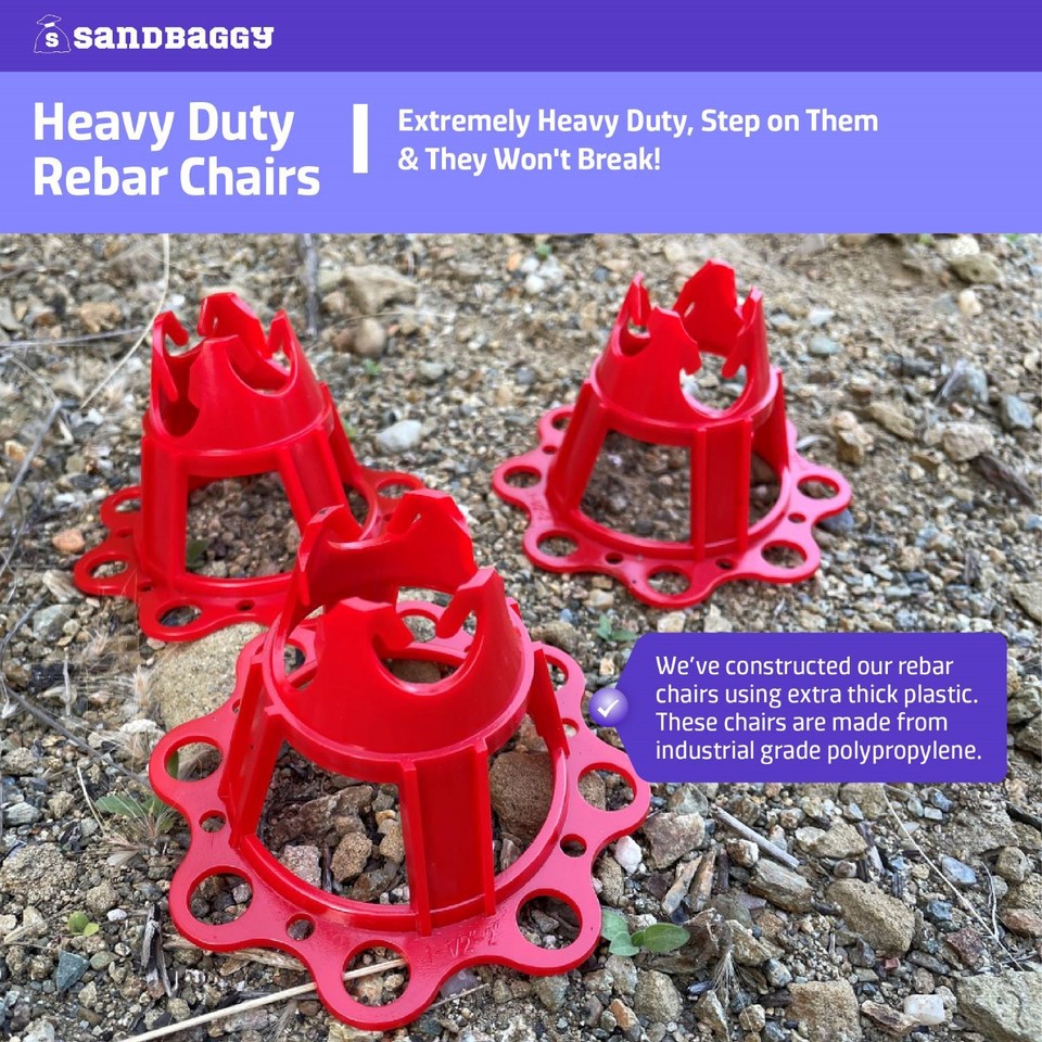 Sandbaggy Plastic Rebar Chair - Elevates Rebar 1 ½" or 2" - Rebar #3 to ...