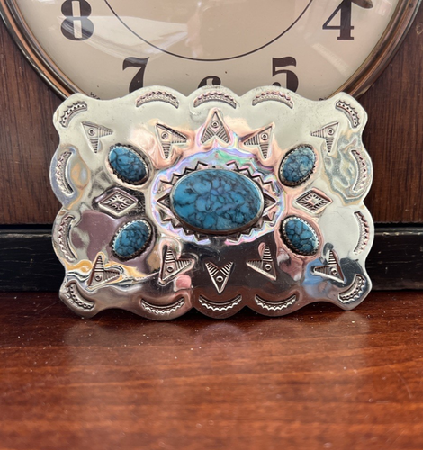 Vintage Turquoise Nickel Silver Bell Belt Buckle Stamped Southwestern ...