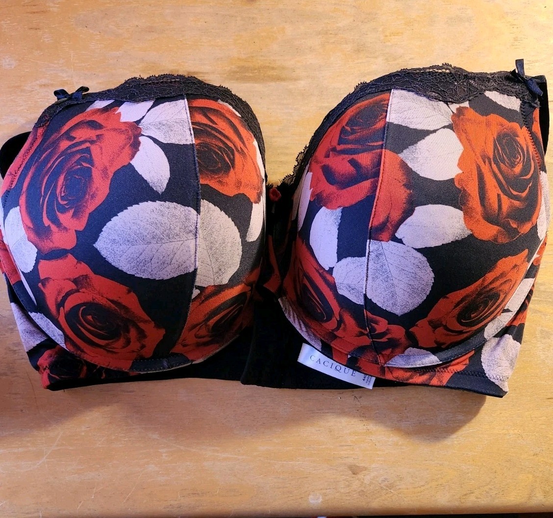 Cacique Balconette Bra 44G Black Red Floral Lace Unde… - Gem
