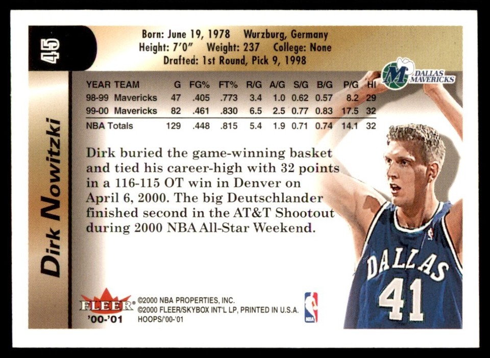 2000-01 Fleer NBA Hoops Hot Prospects Dirk Nowitzki Dallas Mavericks ...