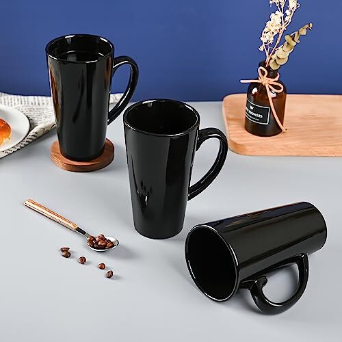 Set of 4 Black Funnel Ceramic Coffee Mugs 16oz Tall Coffee Tea Cups | eBay