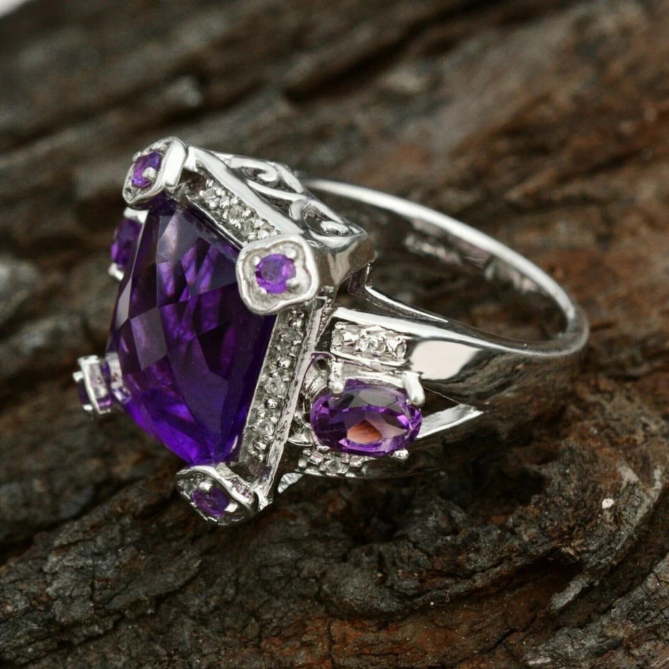 4CT Emerald Cut Lab Created Amethyst Women's Wedding Ring 14K White ...