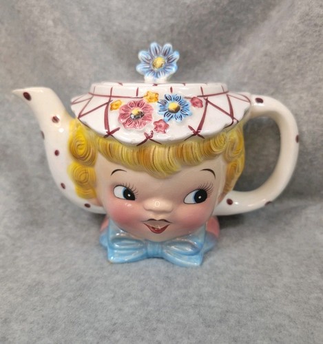 Lefton Miss Dainty Teapot Blonde Hair Girl Big Blue Eye Flower ...