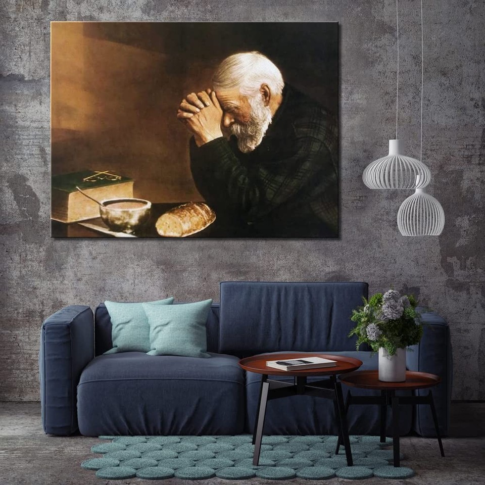 Grace Man Praying Over Bread Print Poster Vintage Painting Canvas ...