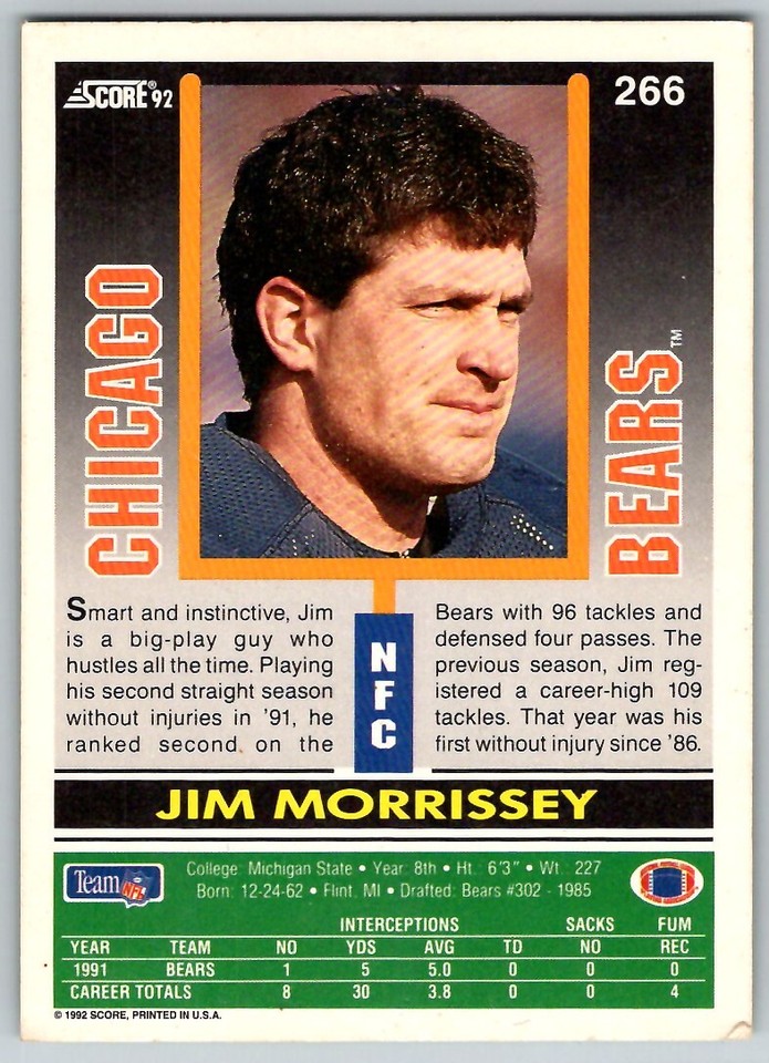1992 SCORE JIM MORRISSEY CHICAGO BEARS #266 | eBay
