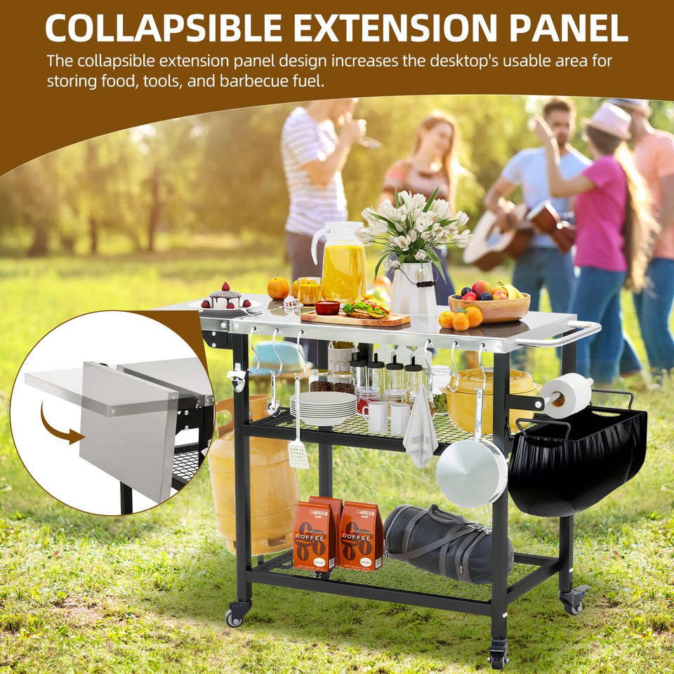 Extendable 3-Tiers Rolling Grill Table Stainless Steel Tabletop Camping ...