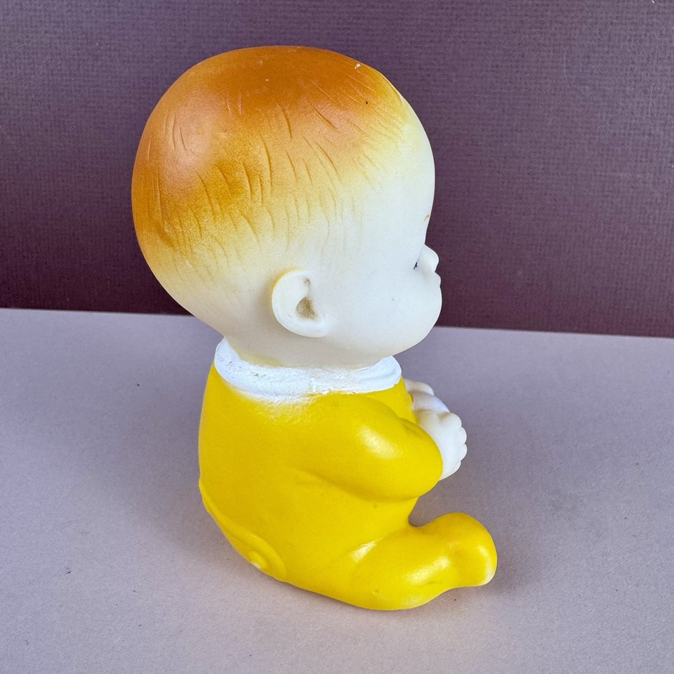 VTG Squeaky Yellow Rubber Baby Boy Doll 5” Tall Sitting Holding Ball ...