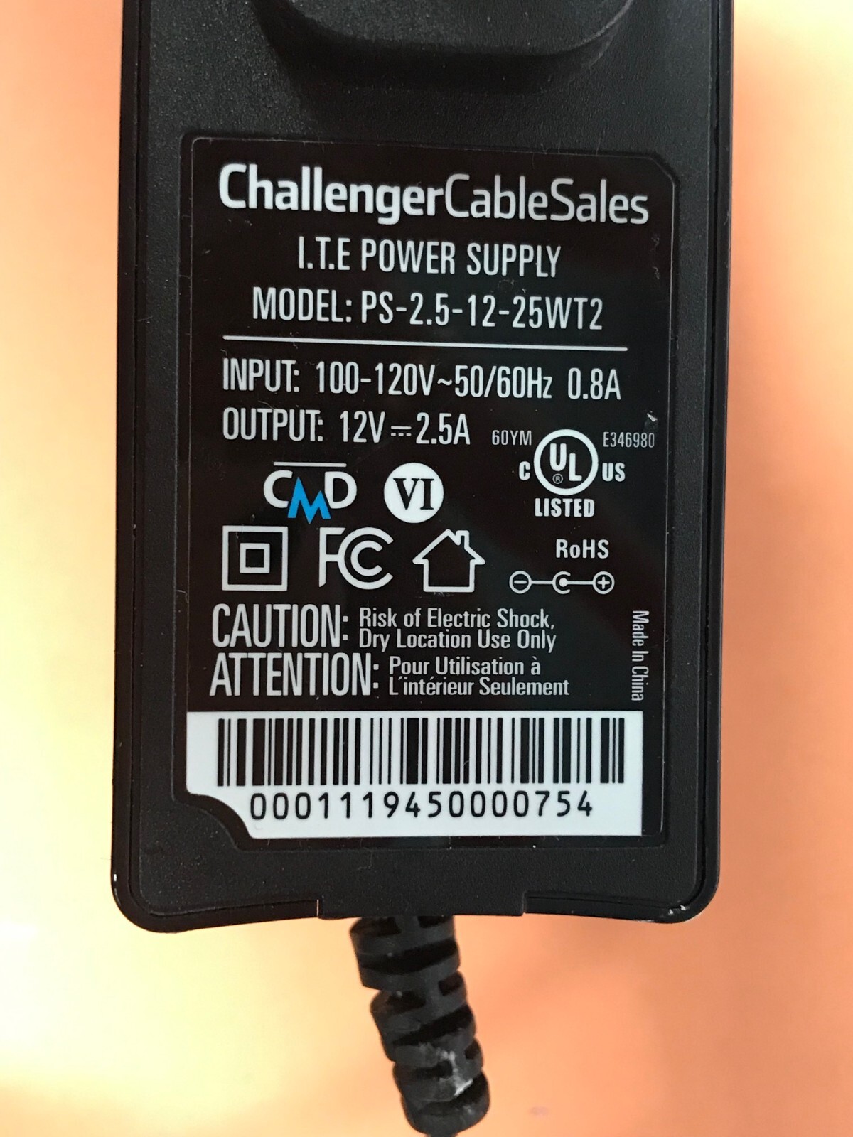 Challenger Cable Sales Switching Power Supply PS-2.5-12-25WT2 12V 2.5A ...