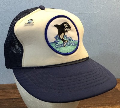 Vtg 1982 Sea World Shamu SnapBack Trucker Hat Blue White w/ Pin Clean ...