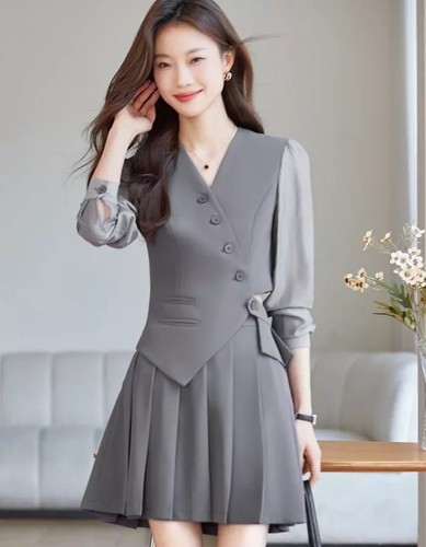 Tailleur Complet Femme Bureau Veste Blazer Ensemble Jupe Gris Slim 6939 ...