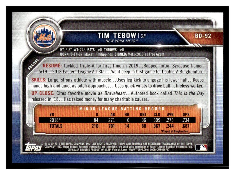 2019 Bowman Draft Tim Tebow BD-92 New York Mets Mint | eBay