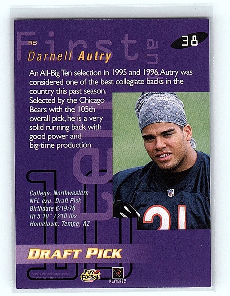 1997 Playoff First & Ten Darnell Autry Rookie Chicago Bears #38 Draft ...