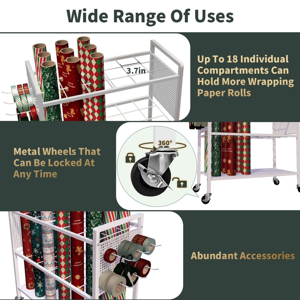 Wrapping Paper Organizer Storage Cart with 18 Slap Bands, Rolling Gift ...