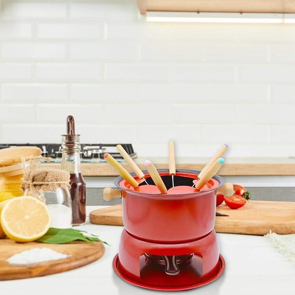 Red Stainless Steel Fondue Pot Set Cheese Chocolate Fondue 6 Dipping ...