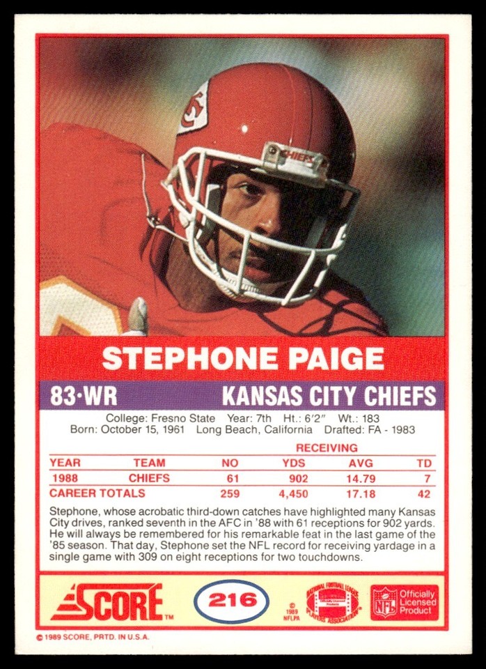1989 Score Stephone Paige Kansas City Chiefs #216 | eBay