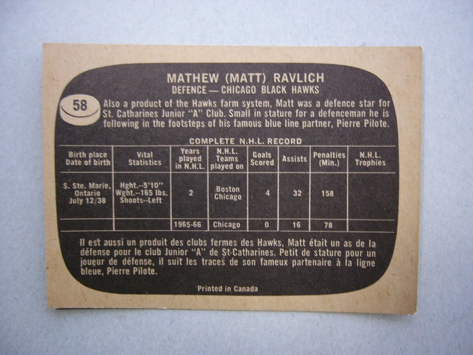 1966/67 TOPPS NHL HOCKEY CARD #58 MATT RAVLICH EX/NM NM SHARP!! 66/67 ...