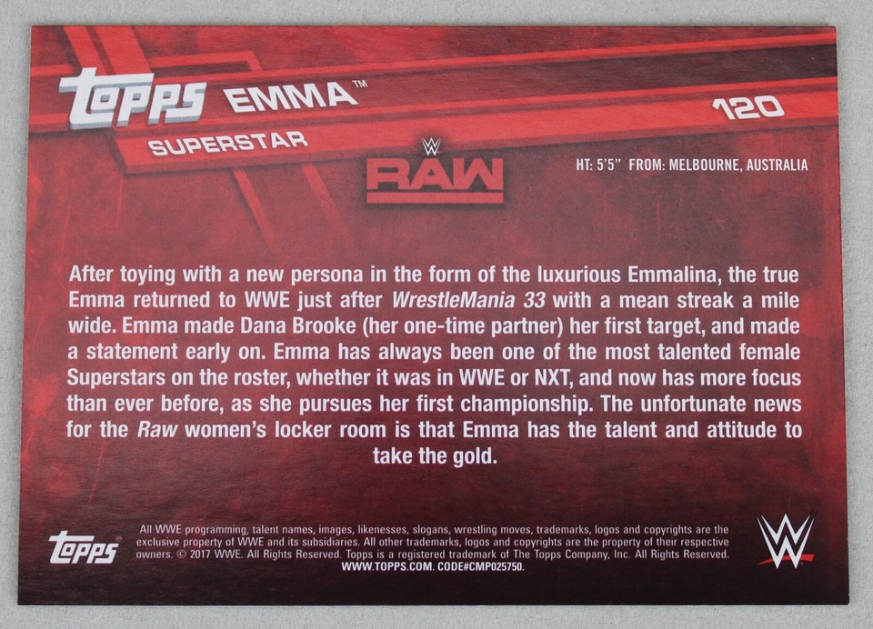 Emma Tenille Dashwood WWE Wrestling Trading Card Topps Raw Smackdown ...