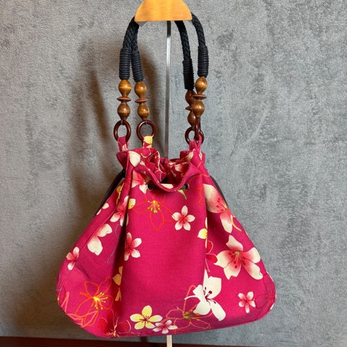 Mechlin Red Floral Bucket Bag Drawstring Closure Beaded Handle Shoulder ...
