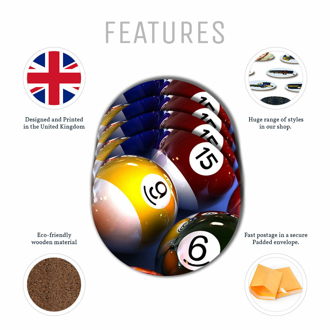 4 Set - Pool Snooker Billiard Ball Coasters - Kitchen Drinks Coaster ...