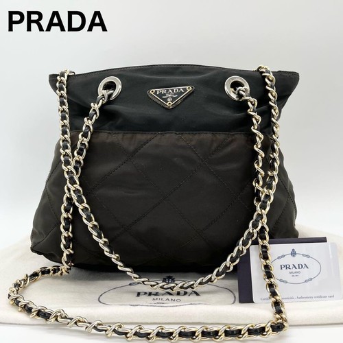 Prada Chain Tote Bag Nylon Quilted plate Bicolor Black Khaki Triangle ...