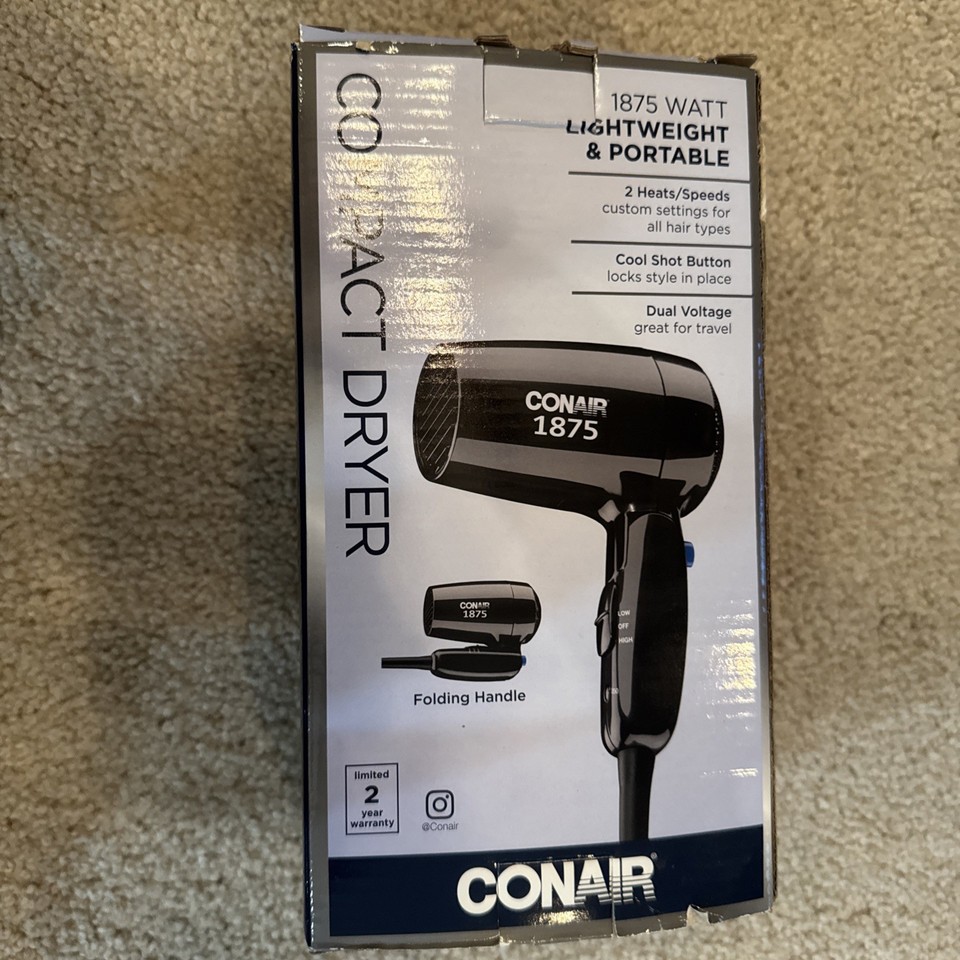 Conair 1875 Watt Compact Folding Handle Hair Dryer, Travel Hair Dryer ...