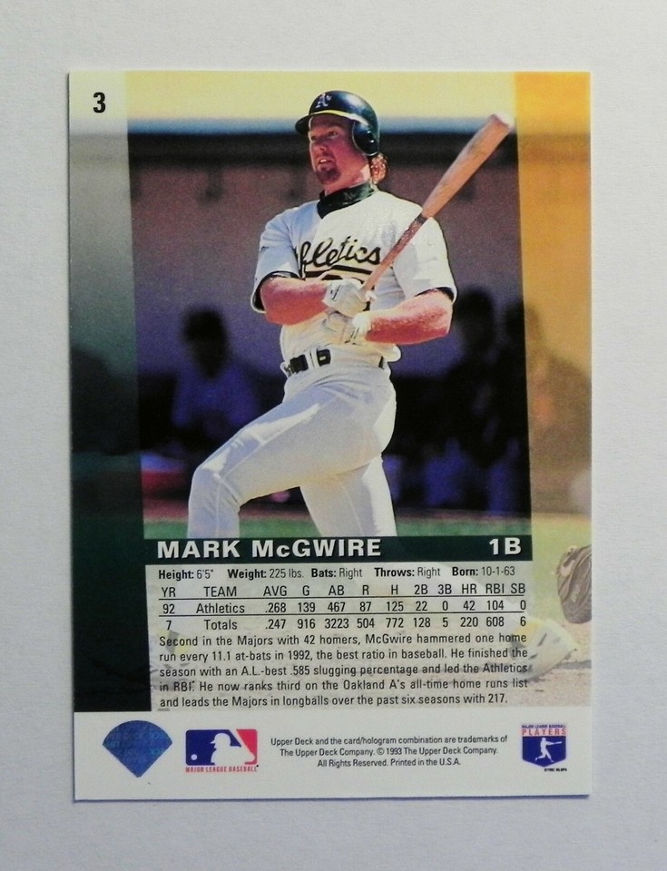 Mark McGwire 1993 Upper Deck Hologram Card #3 _LOW MAIL COST _Receive ...