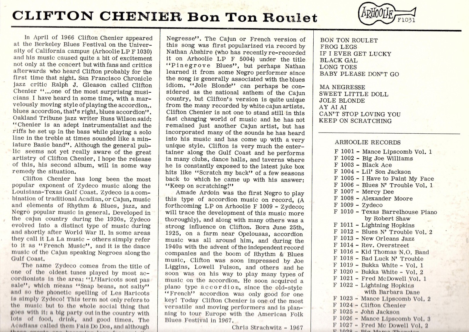 CLIFTON CHENIER LP ARHOOLIE " BON TON ROULET " [US] | eBay