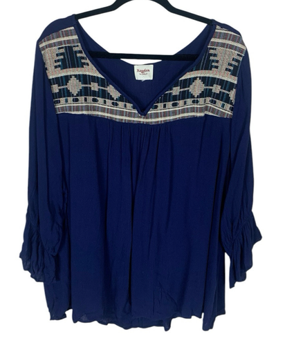 Women's Hayden Blue Southwestern Print Long Sleeve V-Neck Top Size 2XL ...