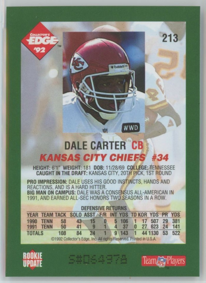 1992 Collector's Edge Dale Carter Rookie Kansas City Chiefs #213 | eBay