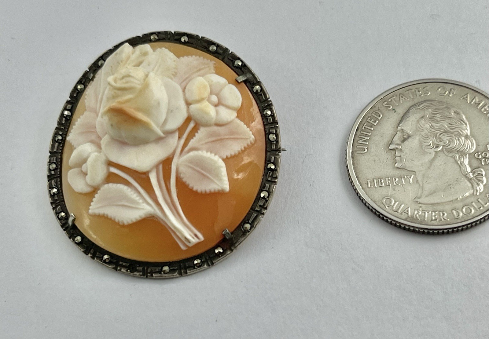 Vintage Carved Shell Rose Cameo Pin Brooch Pendant Hi… - Gem