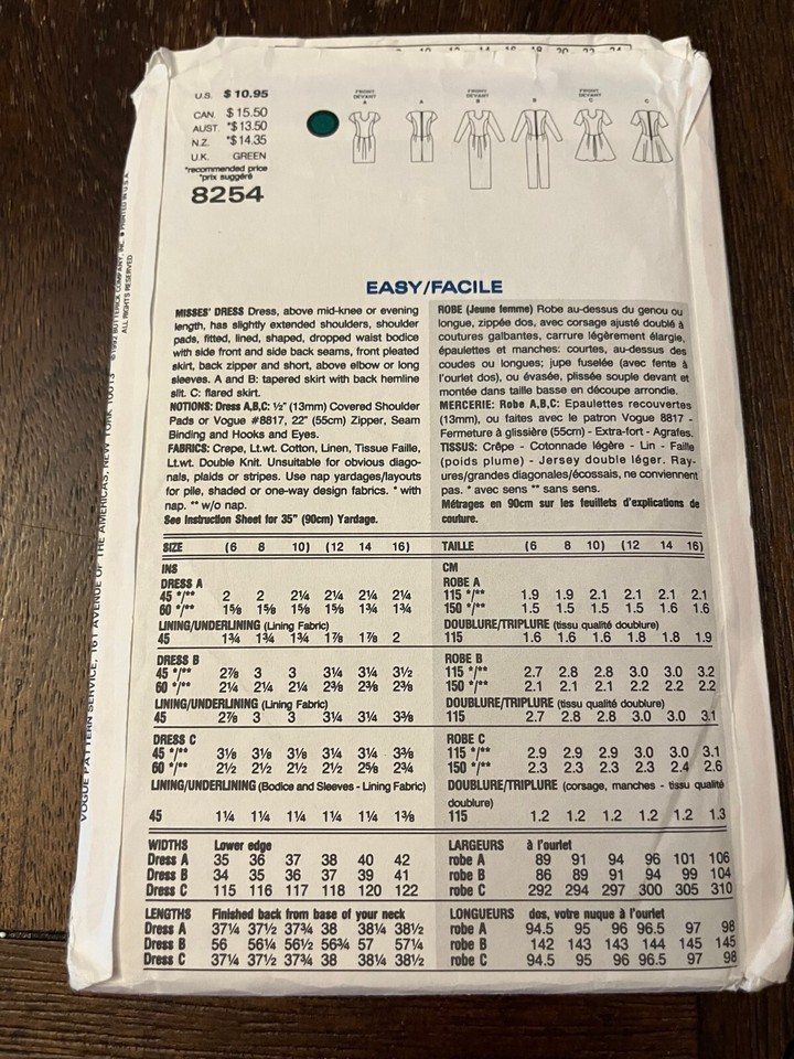 Vogue 8254 UNCUT Sewing Pattern, Misses' Dress, Size 6-8-10 | eBay