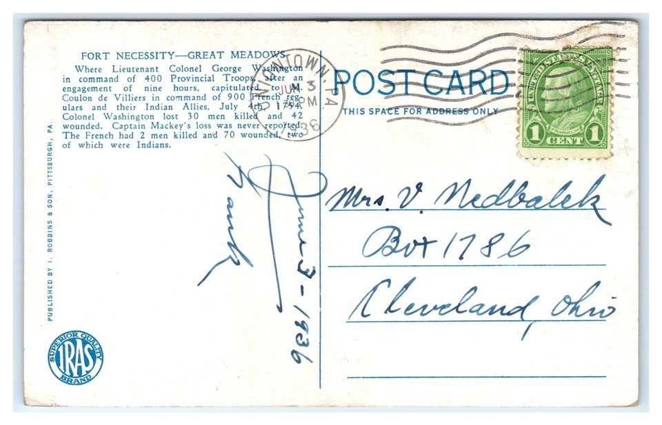 1936 Uniontown, PA Postcard- GREAT MEADOWS GEORGE WASHINGTON Sign Wall ...