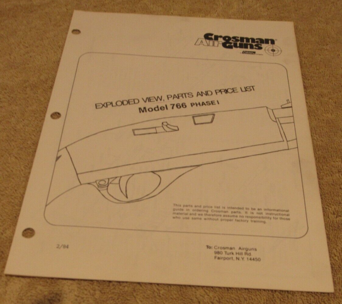 Crosman Air Guns Model 766 Phase I Exploded View & Parts List 1984 VTG ...