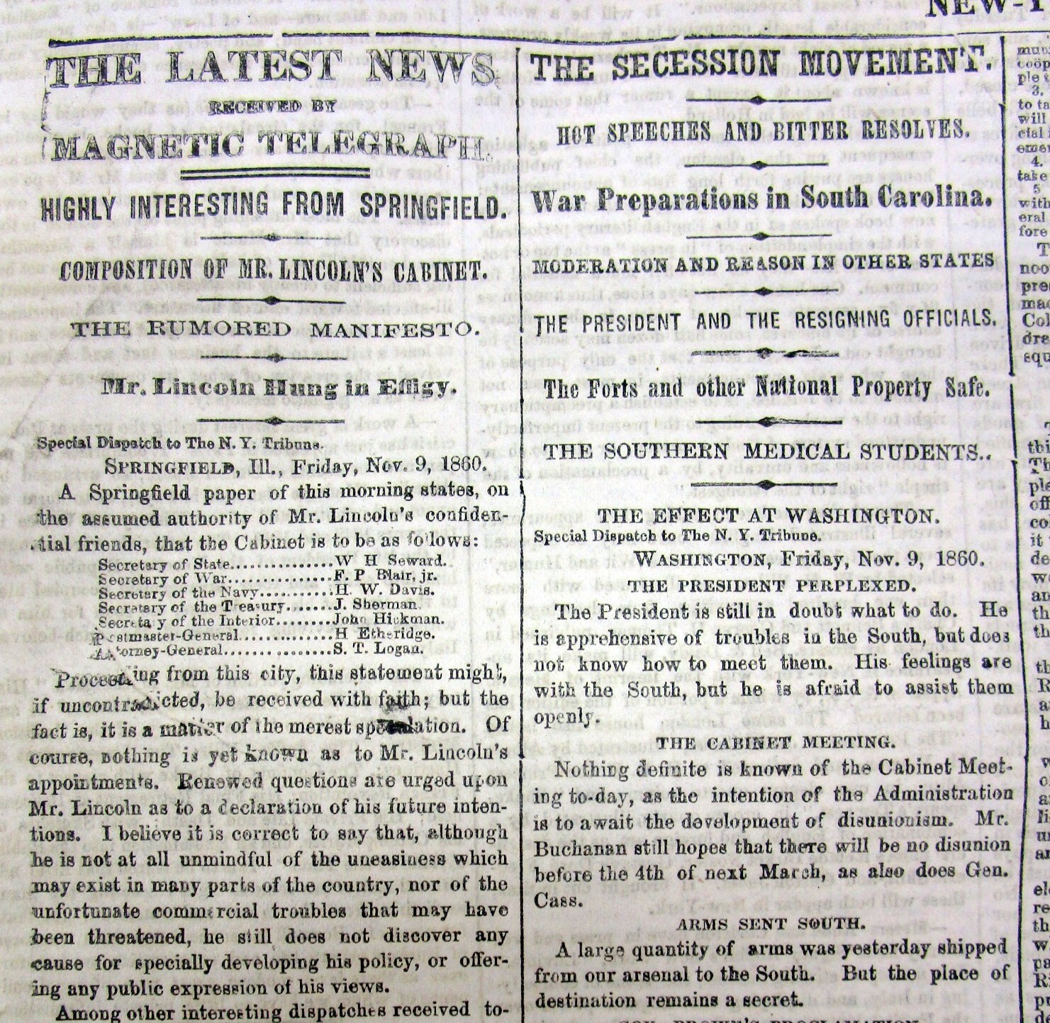 1860 newspaper ELECTION of PRESIDENT ABRAHAM LINCOLN + South Carolina ...