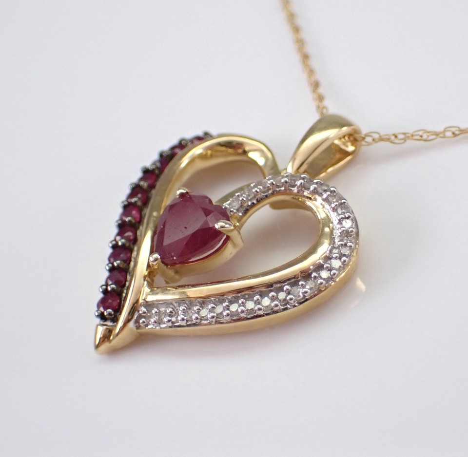 Yellow Gold Diamond and Ruby Heart Charm Pendant Necklace Chain 18 ...