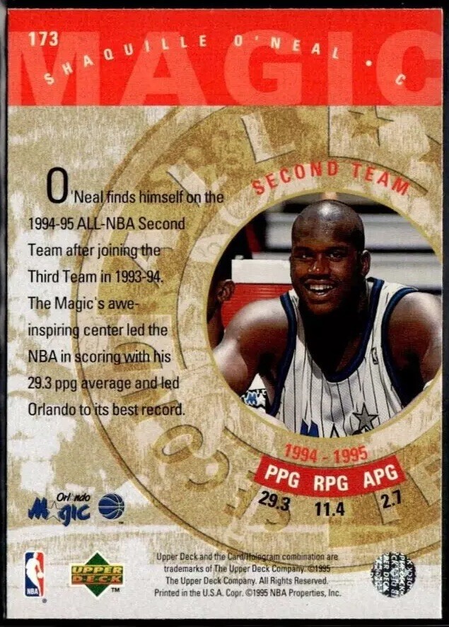 1995 Upper Deck O'Neal Shaquille Card #173 Orlando Magic | eBay